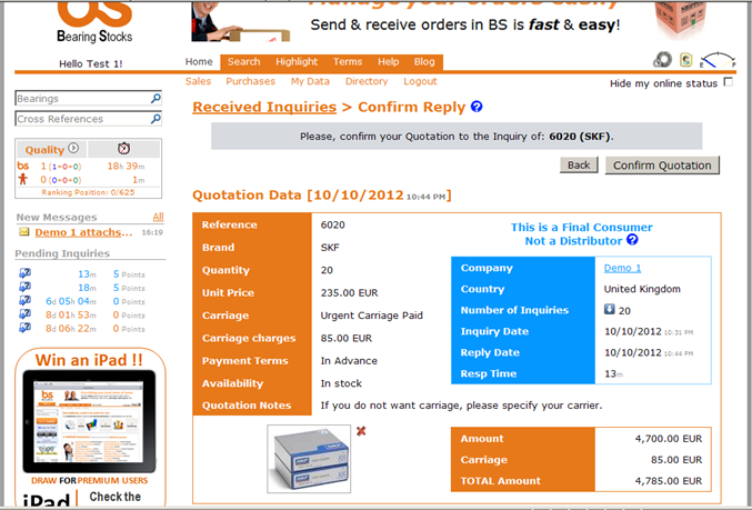 3. A BS distributor sends a Quotation to a BSS user - Bearing Stocks